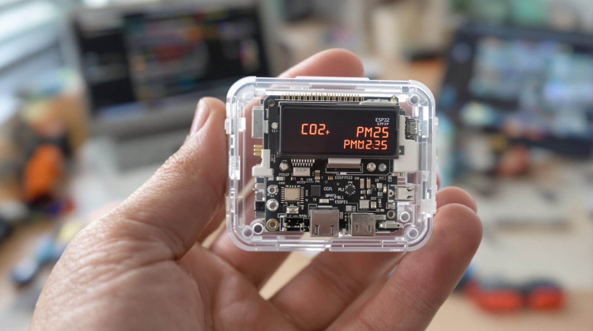 Build a pocket-sized CO2 and particulate air quality monitor using an ESP32 and off-the-shelf ...